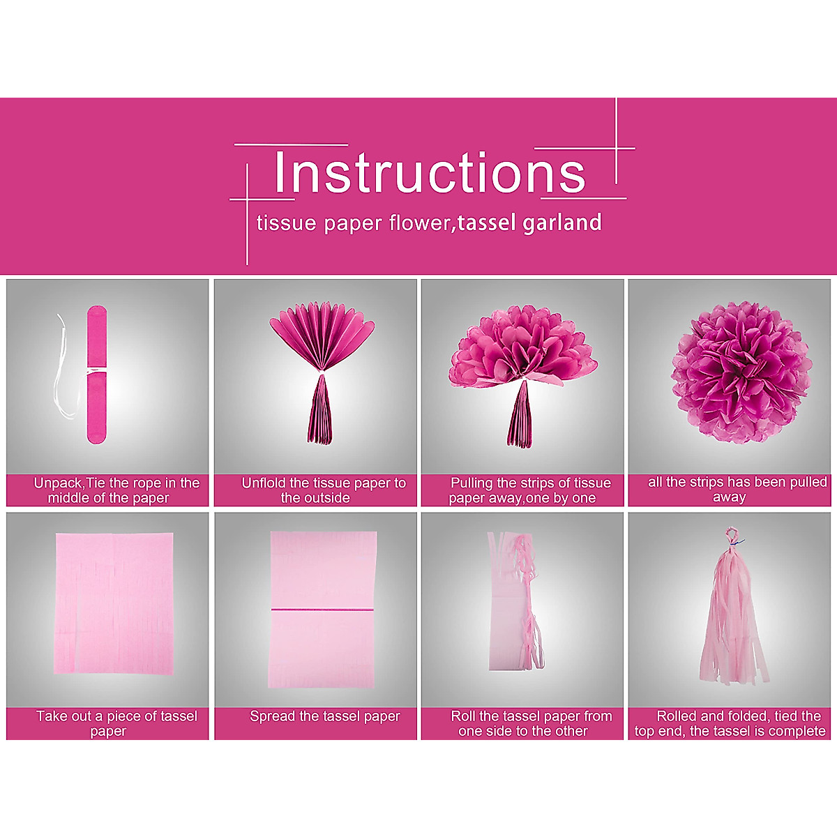 Hot Pink White Party Decorations - 23pcs Tissue Paper Flower Pom Poms Tassel Garland Pennant Banner Flags Streamers Women Girl Birthday Baby Bridal Shower Engagement Bachelorette Wedding Hanging Decor