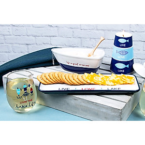 Pavilion Gift Company 67538 12 Inch Stoneware Serving Tray Live Love Lake, Blue