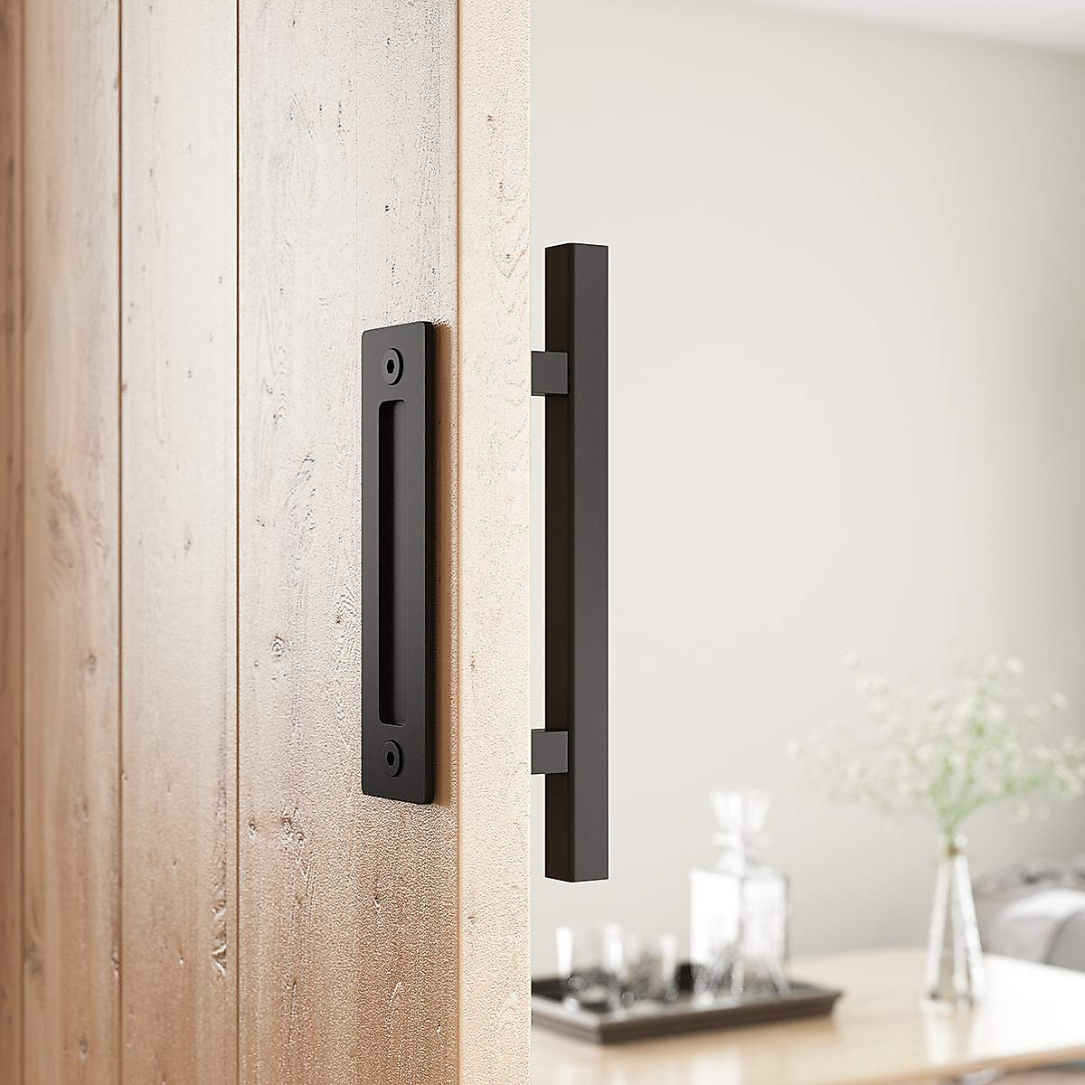 SMARTSTANDARD 10" Heavy Duty Sliding Barn Door Handle, Pull and Flush Set for Gate Kitchen Furniture Cabinet Closet Drawer, Black, Square