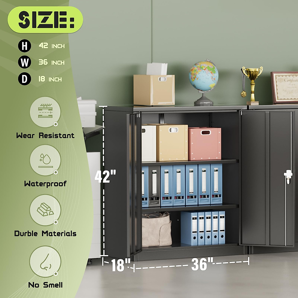 Oakmont Metal Storage Cabinet for Tool Organization, 42" Lockable Garage Storage Cabinets with 2 Doors and 4 Adjustable Shelves, Locking File Cabinet for Office, Home, School (42”-Black)