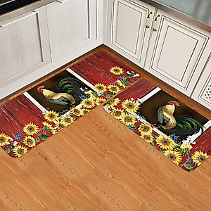 Farmhouse Rooster Kitchen Mats and Rugs Set of 2, Washable Absorbent Chicken Sunflower Kitchen Runner Rug Carpet Anti-Fatigue Comfort Mat for Kitchen Bathroom Laundry
