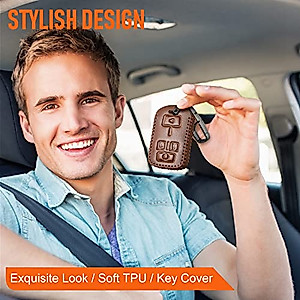 Slohif for Chevy Chevrolet Leather Key Fob Cover Accessories for Silverado Colorado GMC Sierra Canyon 2014-2019 4 Buttons, Leather Case+D-Ring+Hook(Brown)