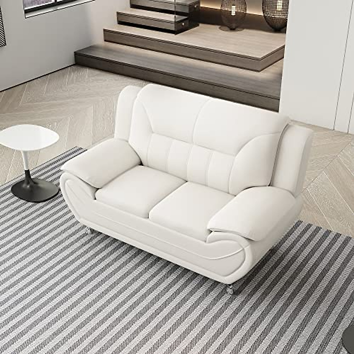 Container Furniture Direct Michael Modern Faux Leather Upholstered Stainless Steel Legs Living Room Loveseat, Cream White