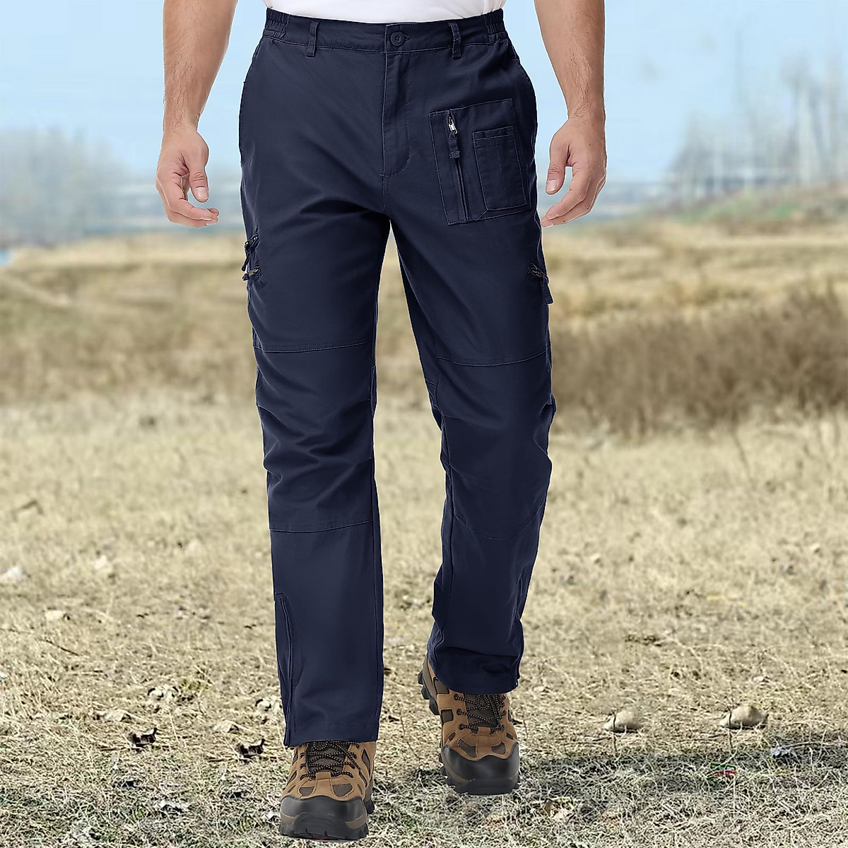 CRYSULLY Mens Military Tactical Pants Multi Pockets Cotton Combat Work Safari Ripstop Pant with Zipper Navy Blue 32