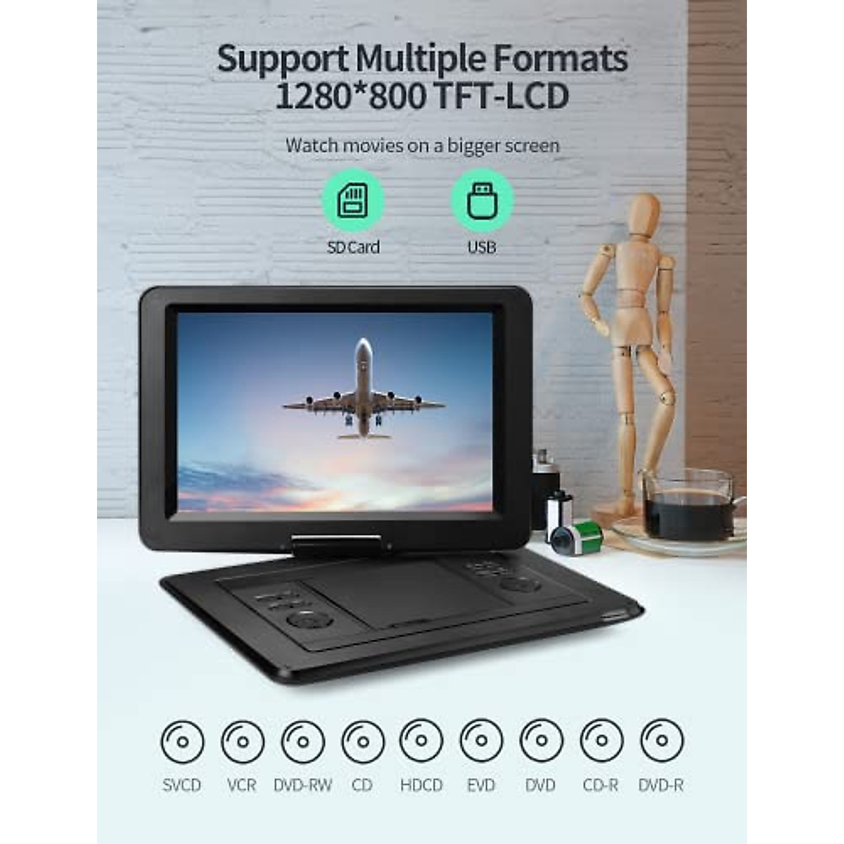 YOTON 17.5" Portable DVD Player with 15.5" HD Swivel Screen for Car and Kids, 4-6 Hours Working Time with Built-in Battery, Dual Stereo Speakers, USB/SD/AV/Audio/Gamepad Support [Not Support Blu-Ray]