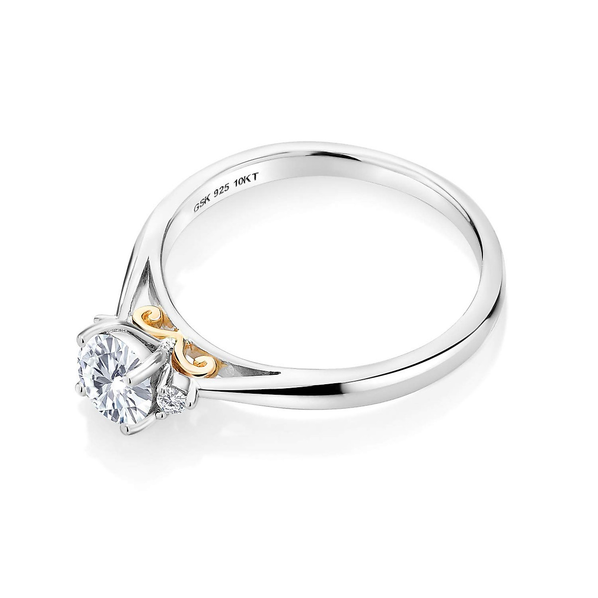 Gem Stone King 925 Sterling Silver and 10K Yellow Gold Customized and Personalized 5MM Round Gemstone Birthstone and White Lab Grown Diamond Engagement Ring For Women (Size 7)