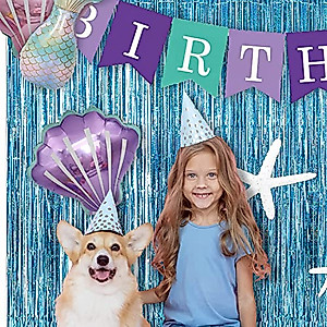 BRAVESHINE Light Blue Glitter Tinsel Foil Fringe Curtains - 2Pcs 3.2x8.2 ft Metallic Holiday Photo Booth Backdrop for Birthday Mermaid Ocean Pool Frozen Theme Baby Shower Wedding Party Streamers Decor