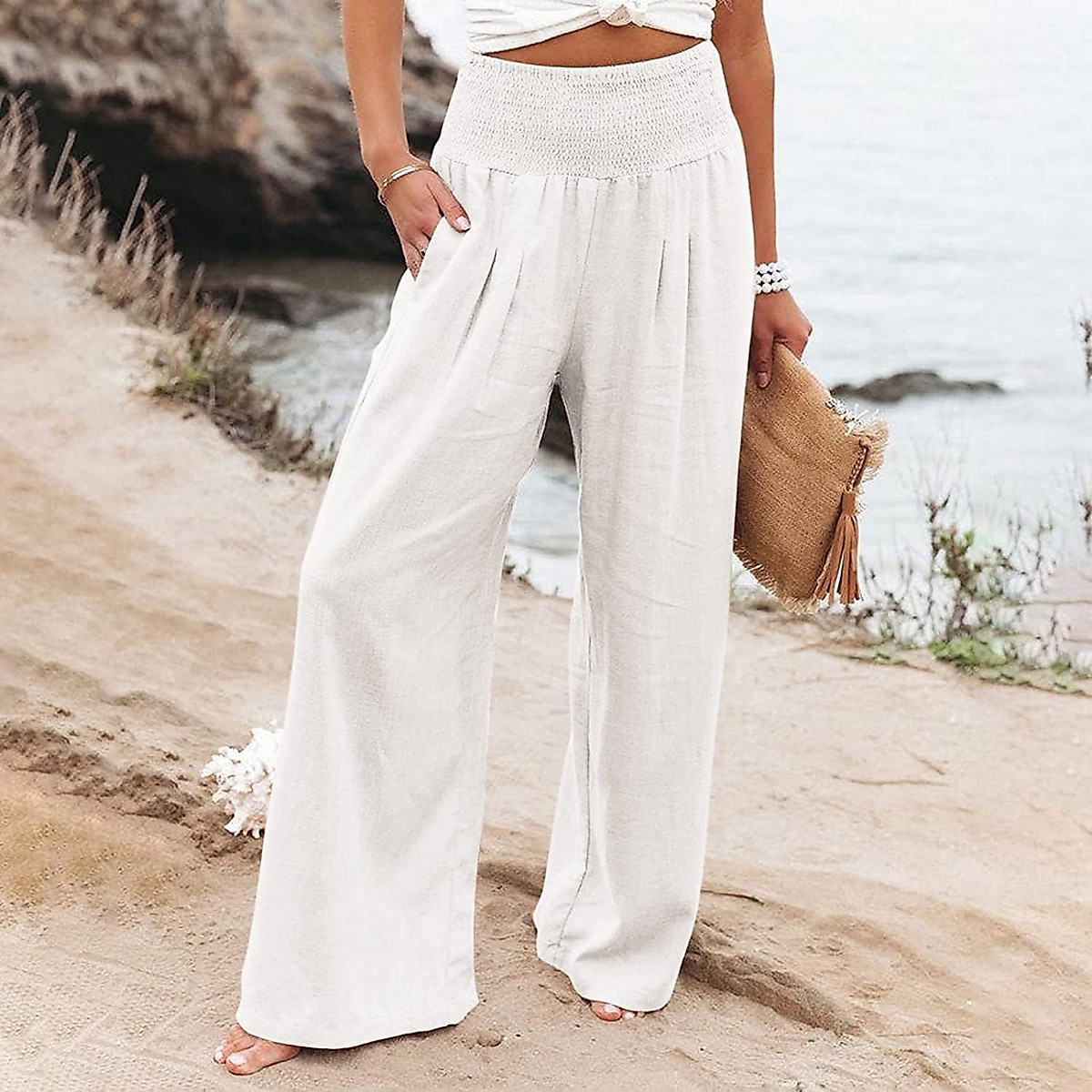 JIELAFIC Linen Pants for Women Wide Leg Elastic High Waisted Palazzo Pants Lounge Yoga Trousers Beach Pants with Pockets (A#White,XL)
