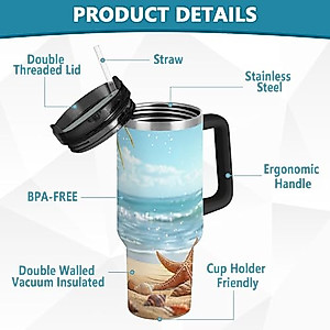 FRCSDIY Beach Starfish Insulated Tumbler with Handle and Straw Lid,40oz Leakproof Stainless Steel Cup BPA-Free Water Bottle