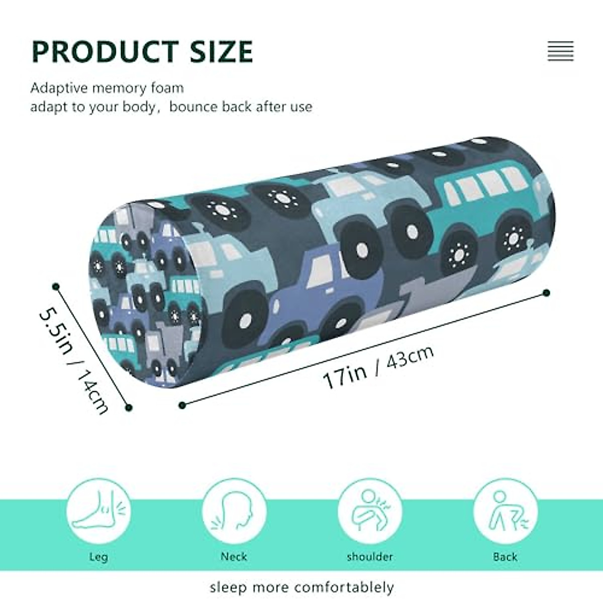 JUNZAN Little Cars Trucks Gray Blue Bolster Pillow for Legs Sleeping Neck Roll Pillow with Cover Foam Round Pillow for Sleep Posture Support Neck Back Cushion
