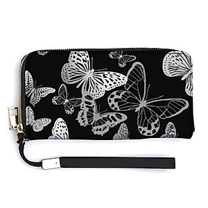 Silver White Flying Butterflies Luxury Gold Foil Butterfly on Black Soft PU Leather Clutch Long Bifold Wallet, Coin Purse Credit Pass Case, Unisex Durable Card-Holder Slim Billfold Money Storage