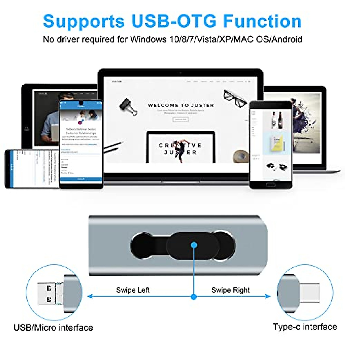 3-in-1 128GB Flash Drive, USB 3.0 Flash Drive for Android Phones/Tablets/PC/Mac, OTG External Data Storage Thumb with 3 Ports (USB C, microUSB, USB-A) for Samsung Galaxy and More