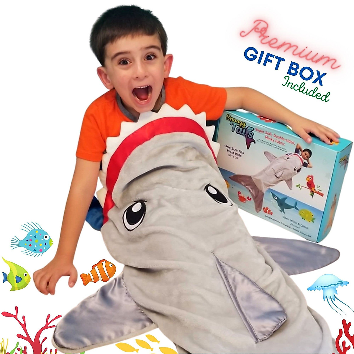 Shark Tail Animal Blanket for Boys. Soft Plush Shark Sleeping Bag Blanket for Kids with Gift Box. Blankie Fun Fin Gray. Snuggle Double-Sided Minky Fabric. Cozy for Boys Kids