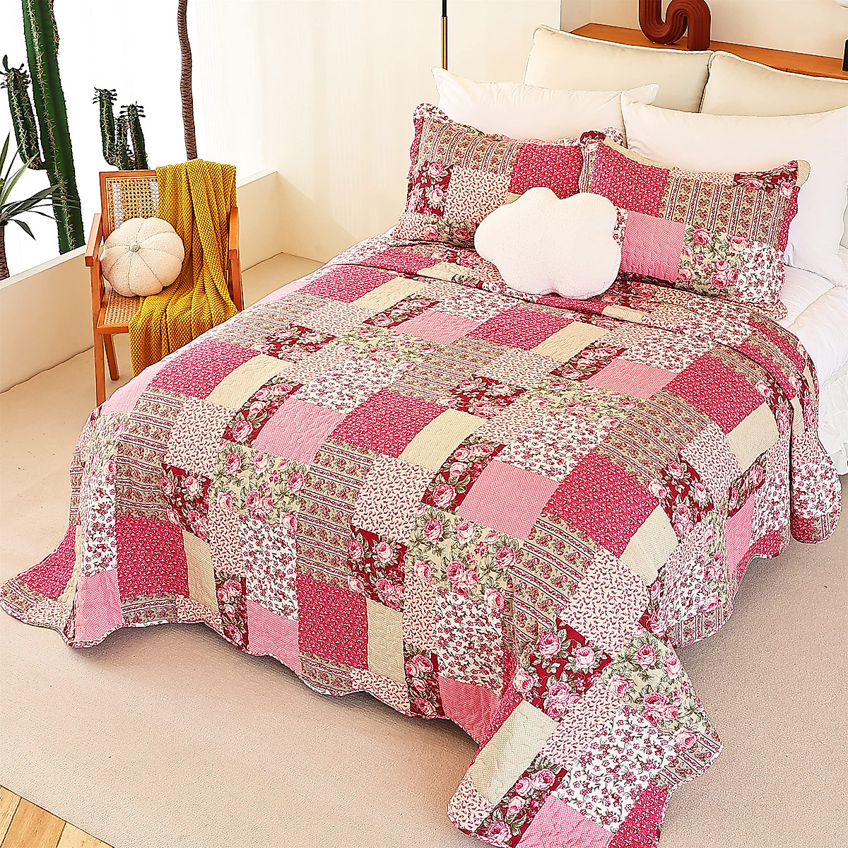 Cmfshape Summer Floral Queen Quilted Bedspread,Romantic Pink Quilt Set Full,Reversible Stitched Bedding Set All Season,Soft Lightweight Coverlet with Pillow Cases (Hot pink&Rose, Queen90 x90)
