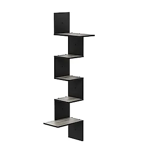 Furinno Rossi Wall Mount Floating Corner Shelf, 5-Tier Square, French Oak Grey/Black & Rossi Wall Mounted Shelves, 5-Tier Rectangle, French Oak Grey/Black