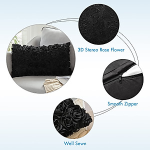 MIULEE 3D Decorative Romantic Valentines Stereo Chiffon Rose Flower Throw Pillow Cover Solid Pillowcase for Girl Women Wedding Sofa Bedroom Car Decor 12x20 Inch 30x50cm Black