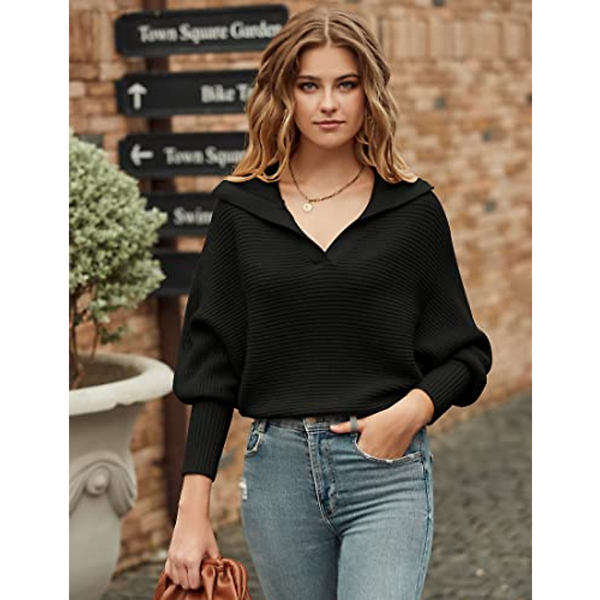 MEROKEETY Women's Batwing Long Sleeve V Neck Pullover Sweaters Foldover Collared Casual Knit Jumper Tops Black