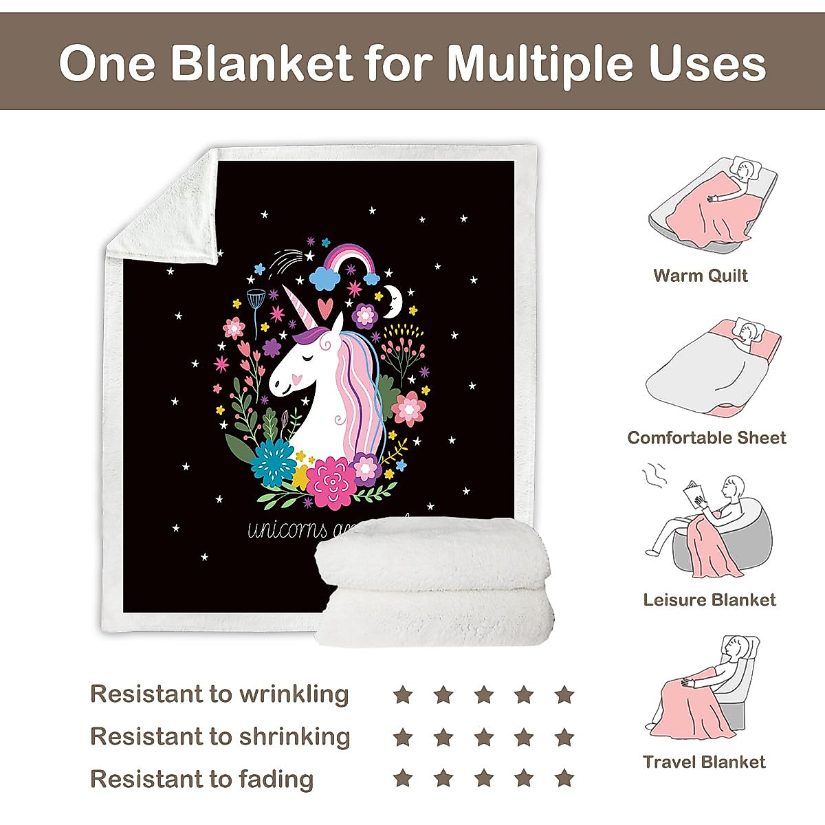 Sleepwish Cute Plush Unicorn Soft Blanket Girls Cartoon Unicorn with Flowers Fleece Blanket Black Sherpa Blanket Unicorn Gifts for Kids Adults Women,Baby(30"x40")