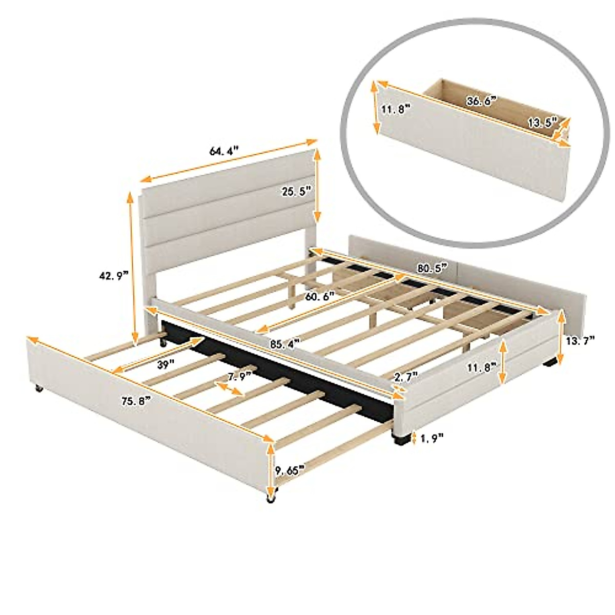 BIADNBZ Queen Size Platform Bed with Trundle and Two Drawers, Solid Wood Bedframe with Upholstered Headboard, for Bedroom, Beige