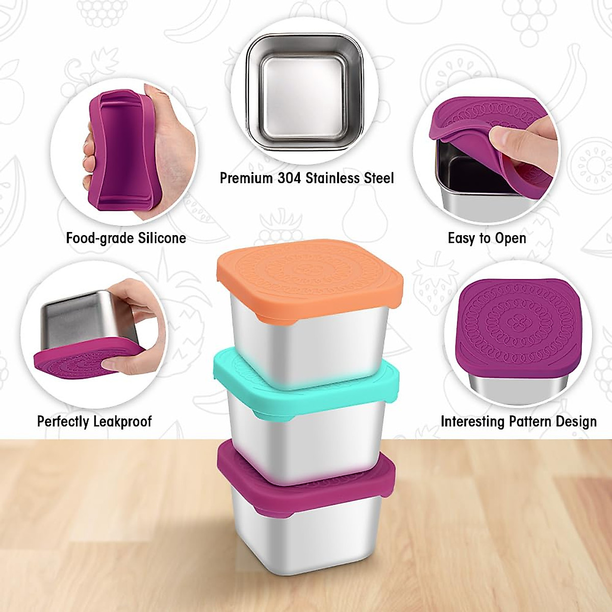 5Pack 6oz Stainless Steel Snack Containers, Small Metal Food Storage Container with Silicone Lids, Leakproof Bento Snack Container for Office, Travel