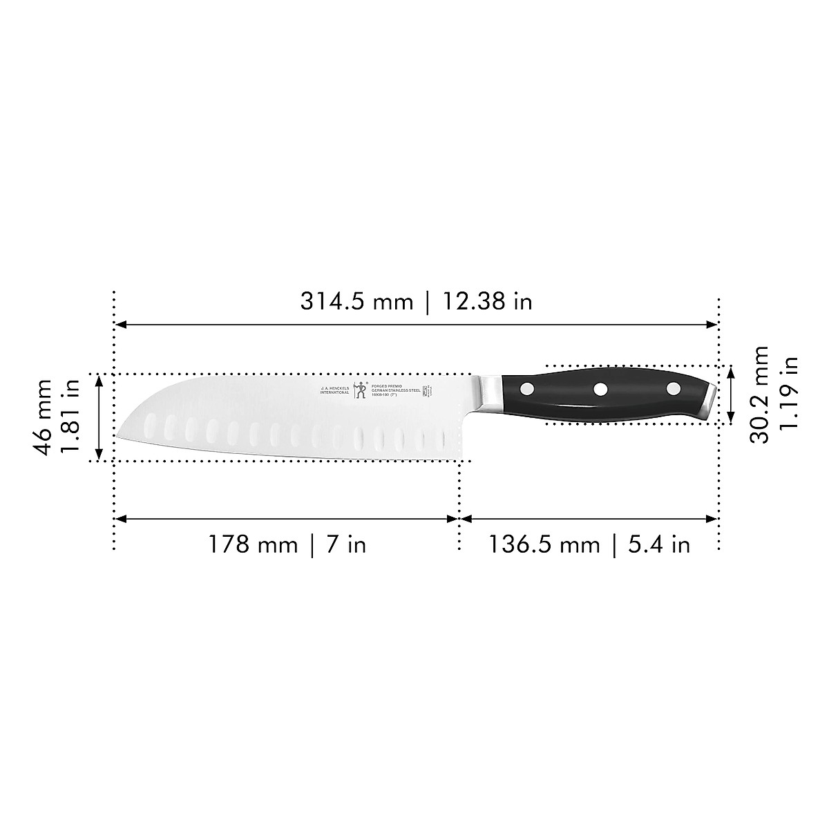 HENCKELS Forged Premio Hollow Edge Santoku Knife, 7-inch, Black/Stainless Steel