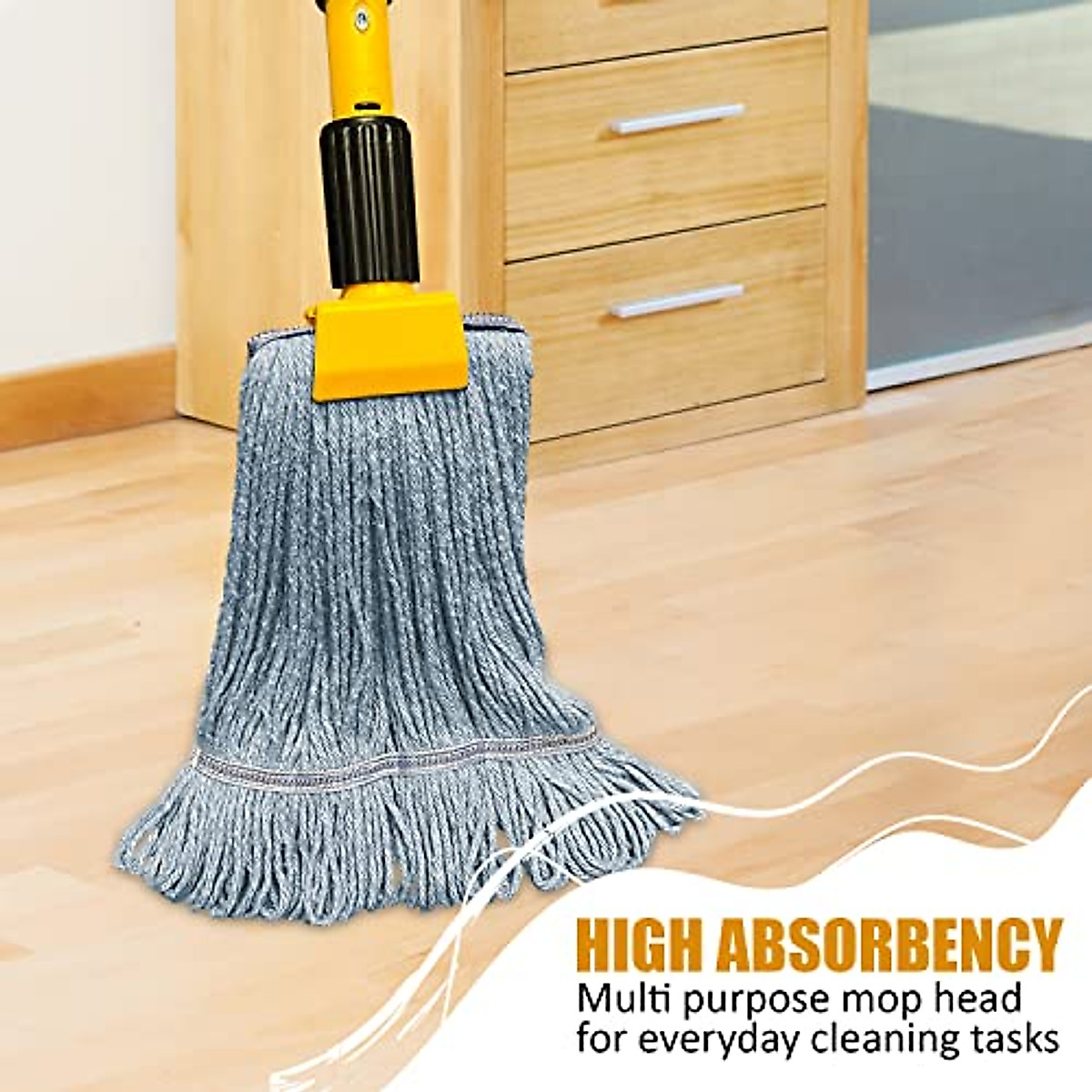 Buena Goods Heavy Duty Blue Commercial Mop Head Replacement. Looped End Synthetic Cotton Blend Mop Refill. Industrial Grade Reusable Washable Wet Mop Heads. Durable Wide Universal Headband. 3 Pack