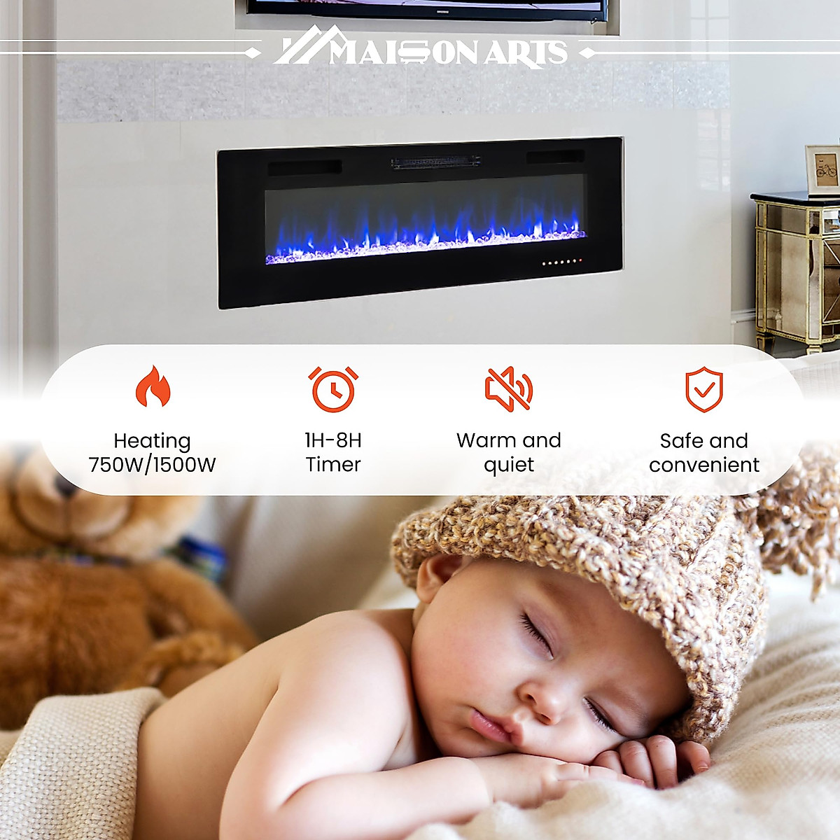 MAISON ARTS 50" Electric Fireplace Indoor Wall Mounted & Recessed Fireplace Heater with Remote Control & Touch Screen,8hrs Timer, Adjustable Flame & Bed Colors and Speed for Bedroom Living Room,1500W