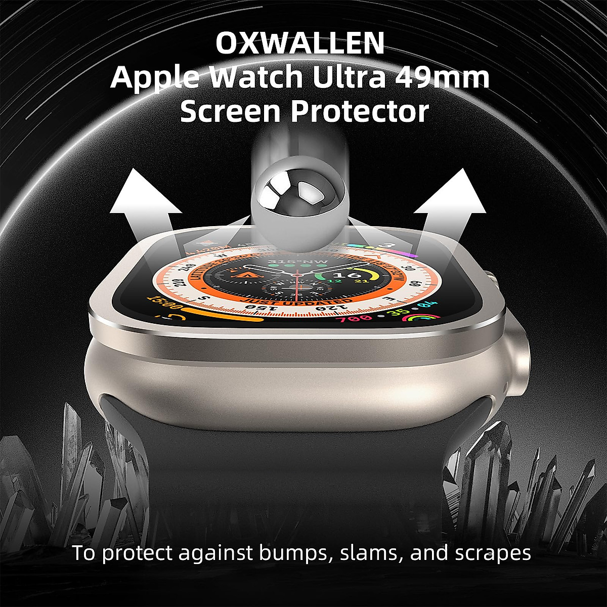 OXWALLEN 2 Pack Metal Case Compatible with Apple Watch Ultra 1/2 49mm Screen Protector with Built-in Tempered Glass, Rugged Frame Clear Film for iWatch Ultra 1/2 49mm, Titanium Color