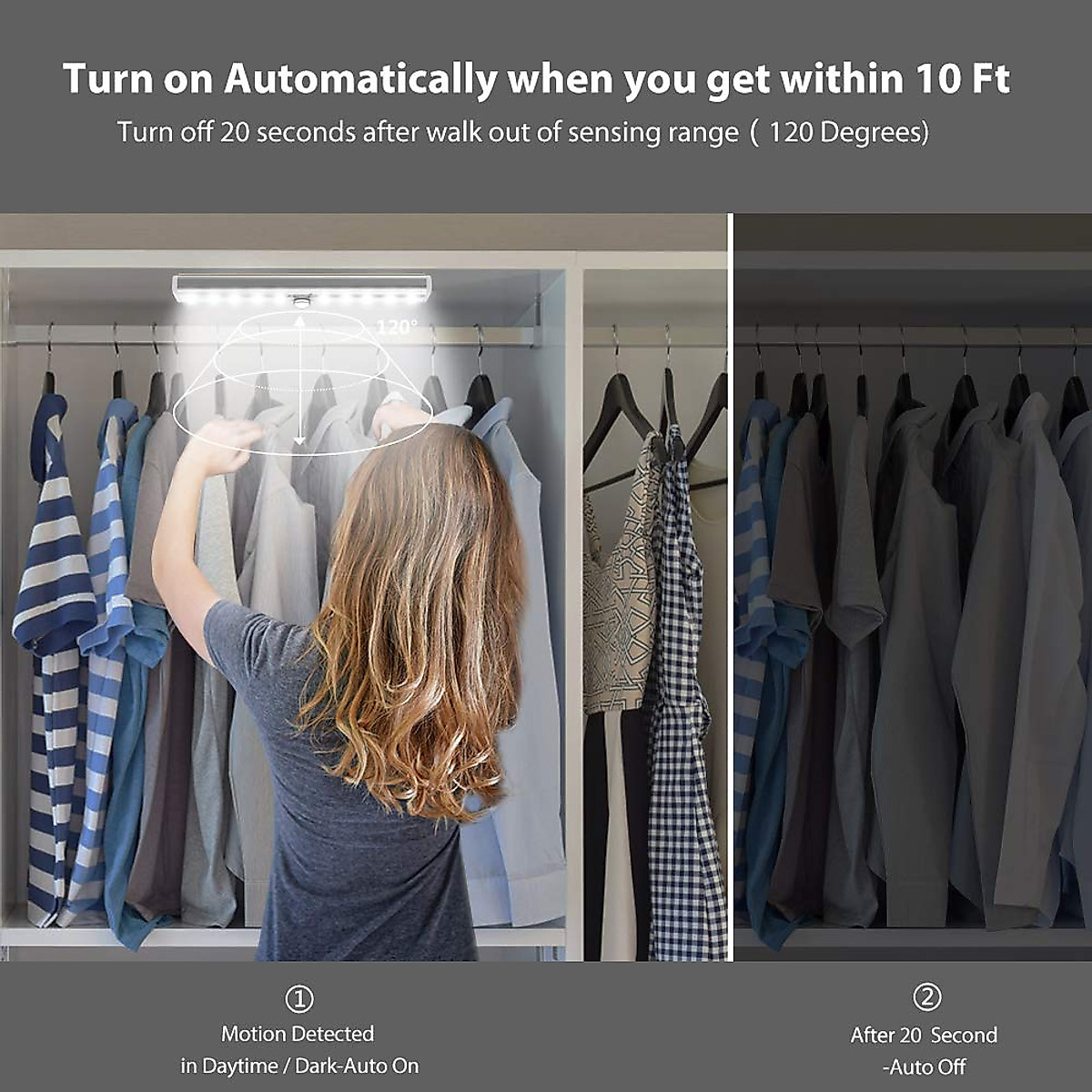 OxyLED Under Cabinet Lights, 10 LED Rechargeable Motion Sensor Closet Lights Indoor, 3 Pack Wireless Magnetic Stick-on Cordless Night Light Bar, Under Counter Lights for Kitchen, Stairs, Hallway