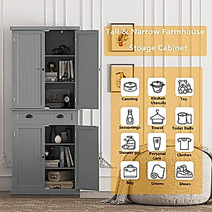 Yusong 72'' Tall Kitchen Pantry Cabinet, Farmhouse Storage Cabinet with 4 Doors, Drawer and Adjustable Shelf, Freestanding Wooden Cupboard Buffet for Dining Room Living Room, Grey