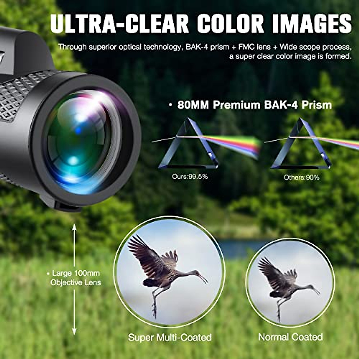 80x100 Monocular Telescope, Night Vision Monocular Telescope for Smartphone with Tripod, High Power Monocular for Adults,HD Monocular for Hiking Hunting Stargazing Bird Watching Travel Camping