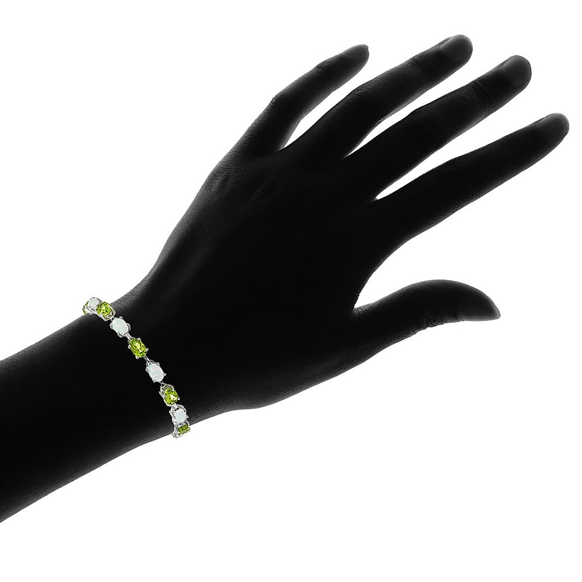 Ice Gems Sterlilng Silver Peridot and Created White Opal 7x5mm Oval-Cut Tennis Bracelet