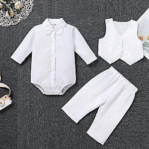 Baptism Outfits for Boys Baby Christening Outfit Gentleman Suit Dedication White Dress Shirt Romper Bowtie Waistcoat Vest Pants Newborn Baptismal Fall Winter Wedding Tuxedo Formal Easter 0-6 Months