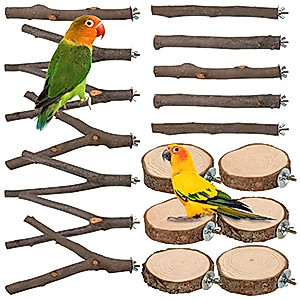 9 PCS Bird Perches Stand Toy, Natural Wood Parrot Perch Stand Bird Cage Branches Platform Accessories for Parakeets Cockatiels Conures Macaws Finches Love Birds