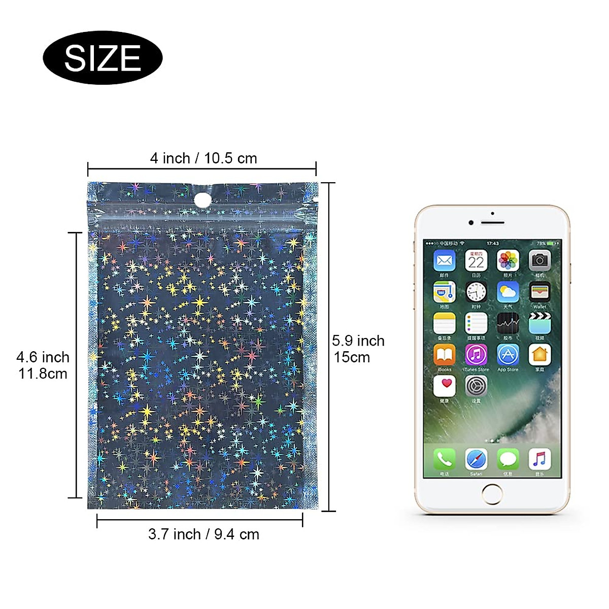 Holographic Bags 4x6 Inch,100PCS Star Pattern Resealable Mylar Bags Zip Lock Bags For Food Storage Candy Wrap Jewelry Lip gloss