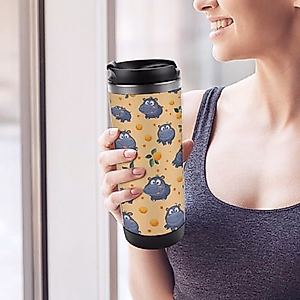 Cute Hippopo Pattern Travel Coffee Mug Reusable Insulated Drinking Cup with Lid for Home Outdoor Works 13 Oz