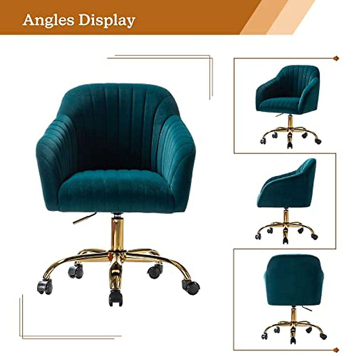 HULALA HOME Velvet Home Office Desk Chair, Modern Cute Computer Task Chair, Wheels Swivel Height Adjustable Upholstered Vanity Chair for Women, Girls (Gold Base, Teal)