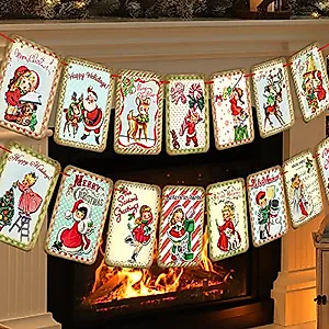 Christmas Party Decoration-Vintage Christmas Hanging Banner Supplies,15pcs Merry Christmas Bunting Banner Garland Decoration for Fireplace Christmas Outdoor and Indoor Decoration