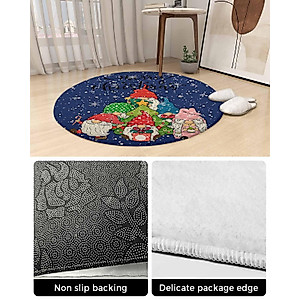 Winter Gnomes Fluffy Round Area Rug Carpets 3ft, Plush Shaggy Carpet Soft Circular Rugs, Non-Slip Fuzzy Accent Floor Mat for Living Room Bedroom Nursery Home Decor Christmas Snowflake Flower Navy Blue