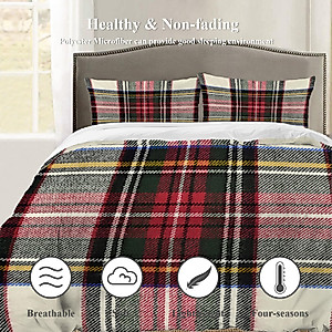 Shrahala Scottish Tartan Duvet Cover Set Queen Size, Green Wool Plaid Symmetric Square Fashion 3 Pieces Soft Brushed Duvet Covers with Button Closure (No Comforter)
