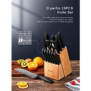 D.Perlla Knife Set with Block, 15 Pieces Stainless Steel Kitchen Knife Set with BO Oxidation Technology, No Rust, Sharp Knife Block Set