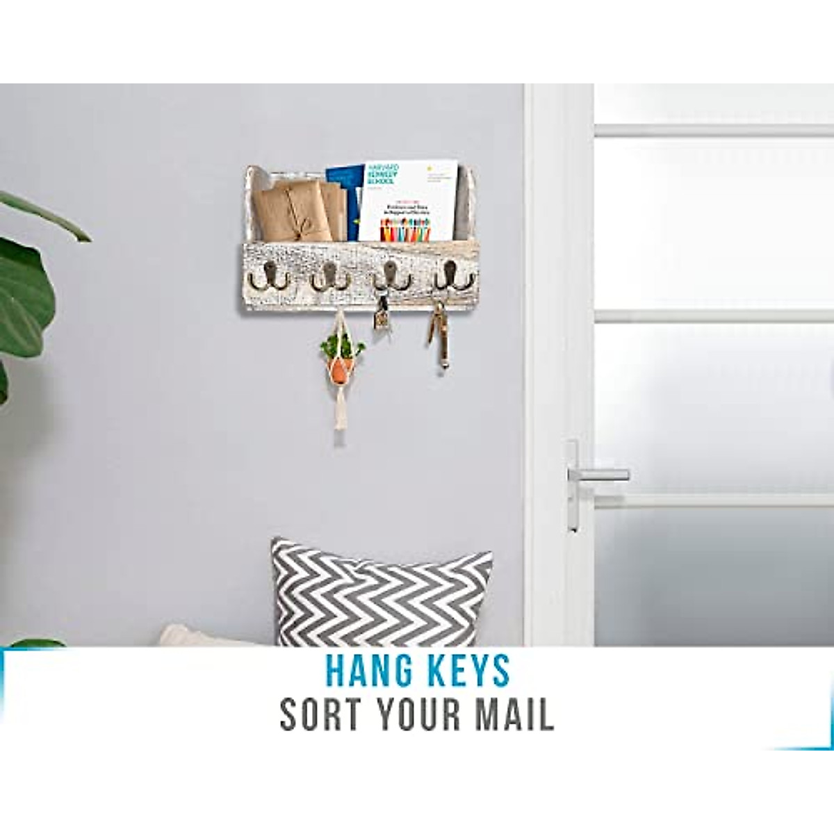 Comfify Wooden Wall Mount Mail Holder Organizer – Rustic Key Holder Organizer for Wall – Magazine Holder with 4 Double Key Hooks – Distressed White Rustic Wall Décor for Entryway