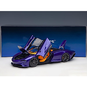 McLaren Speedtail Lantana Purple Metallic with Black Top and Yellow Interior and Suitcase Accessories 1/18 Model Car by Autoart 76089