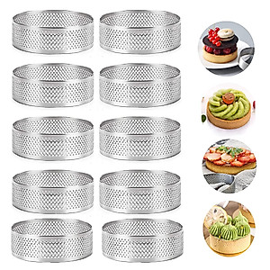 Exogio 10Pcs Circular Tart Ring 8 cm, Stainless Steel Porous Tart Bottom Ring, Heat-Resistant Perforated Pie Cake Mousse Mould Baking for Kitchen, Dessert Making