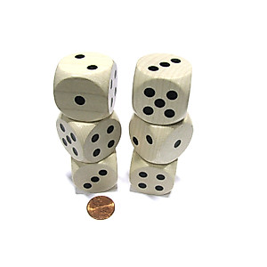 Koplow Games Set of 6 D6 Large Jumbo 30mm Rounded Wood Dice - Wooden with Black Pips