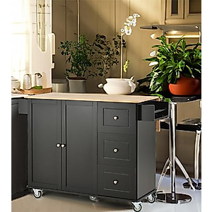 Rolling Kitchen Island with Drop Leaf Portable Kitchen Table Seating Cart 3 Drawers Lockable Wheels 1 Double Door Cabinet Slim Mobile Rubber Wood Counter Top Moveable Stand Alone 53" Movable Black