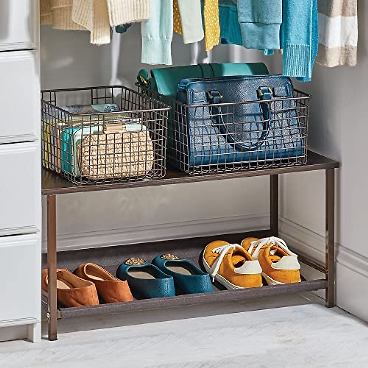 mDesign Shoe Storage Shelf with Fabric Rack for Entryway, Hall, Mudroom, Closet, Compact 2-Tier Organizer Unit for Wedges, Flats, Sneakers, Wood Top, Metal Frame, Lido Collection, Espresso Brown