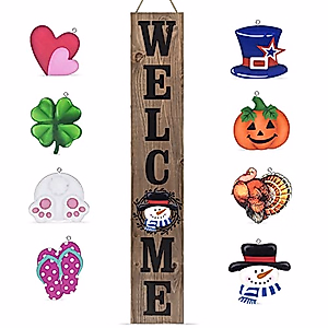 Winder Welcome Sign for Front Door Porch Farmhouse Outdoor Indoor Rustic Interchangeable Vertical Wall Decor Wooden Hanging Accessories Home Decorations(Natural)