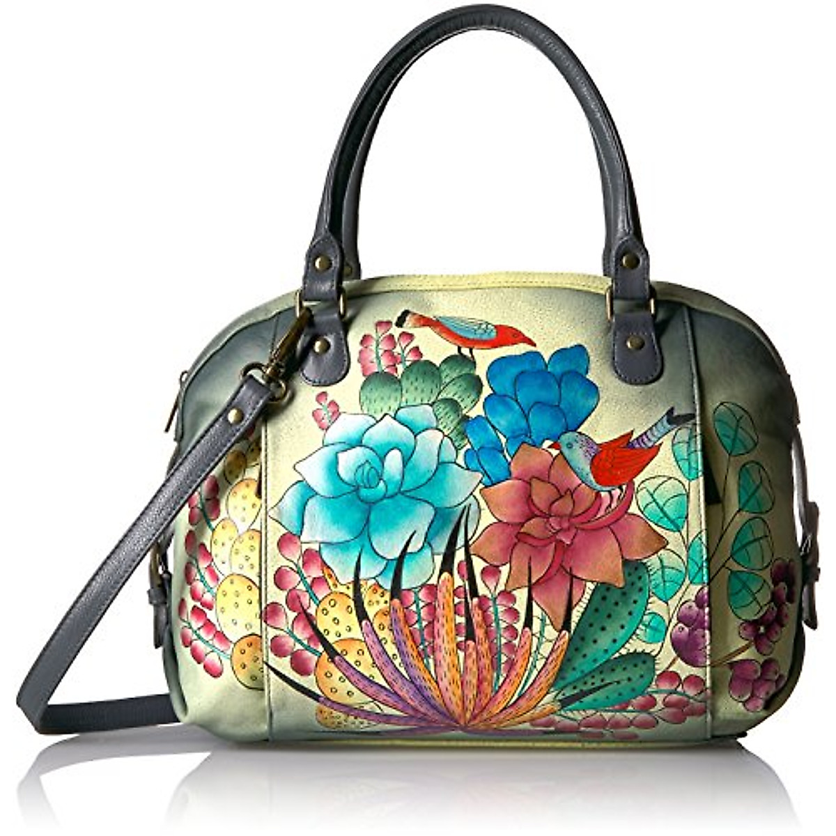 Anna by Anuschka, Handpainted Leather Zip Top Medium Satchel-succulent Dreams