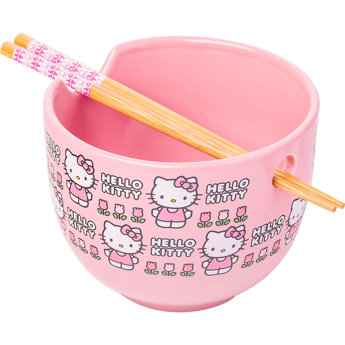 Silver Buffalo Sanrio Hello Kitty Flowers Pattern Ceramic Ramen Noodle Rice Bowl with Chopsticks, Microwave Safe, 20 Ounces